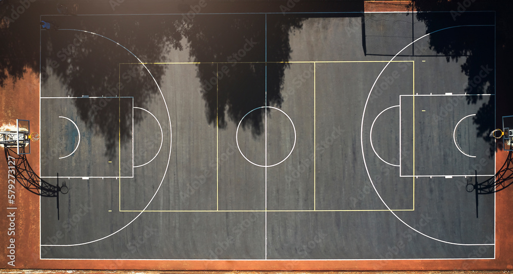 Basketball court, sports background and outdoor community playground ...