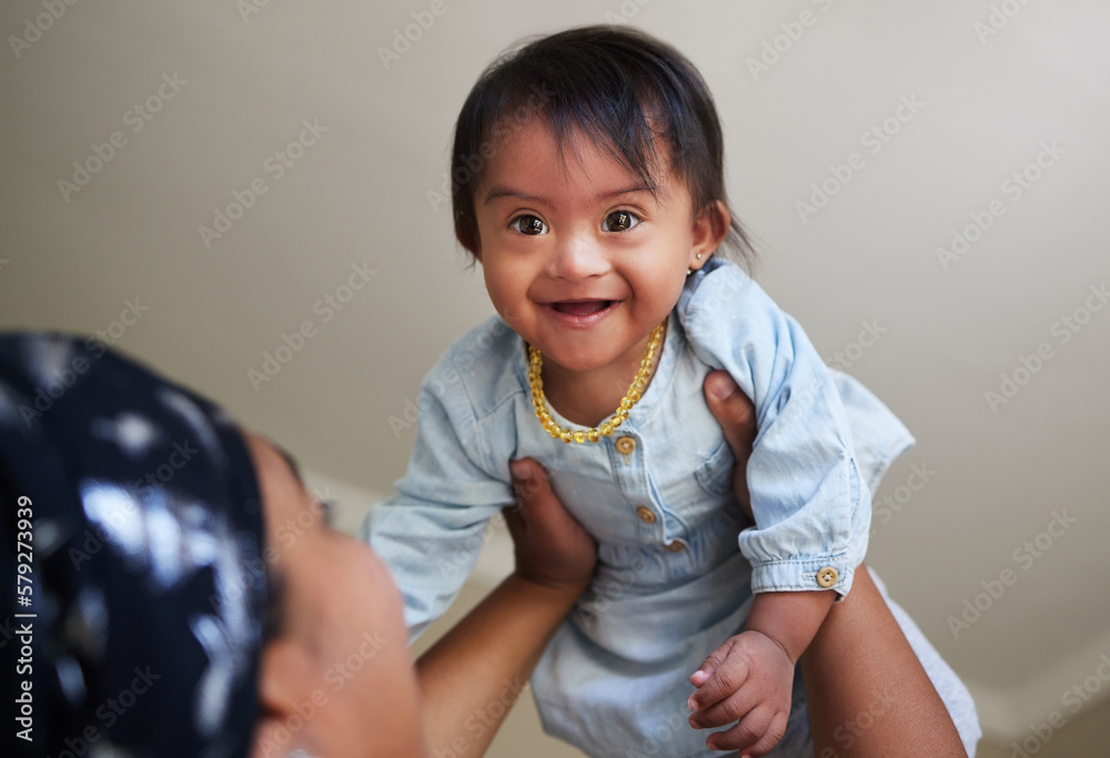 Happy, down syndrome baby and child mom care of a woman holding a kid ...