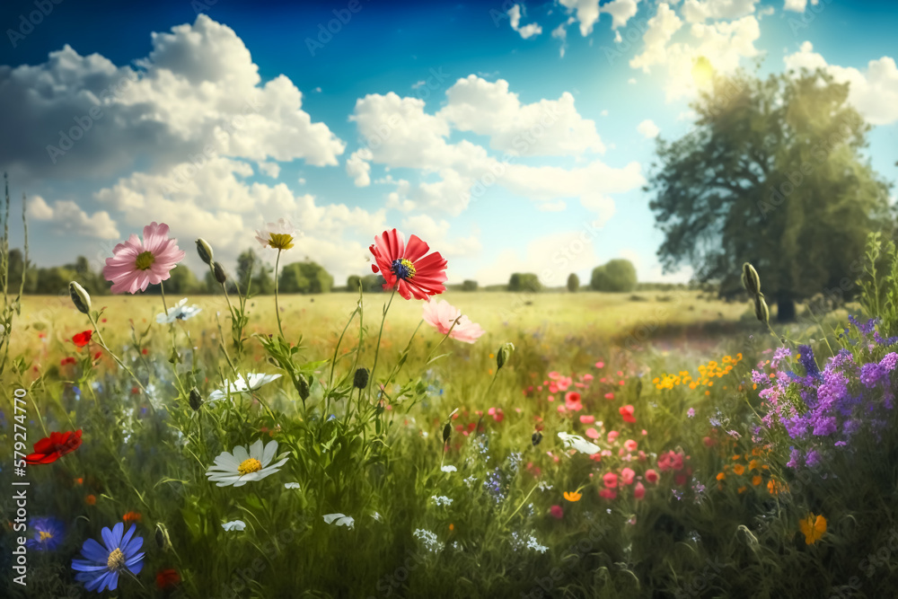 Wilde Blumenwiese mit Wolken am Himmel an Sommertag - Thema Naturschutz ...