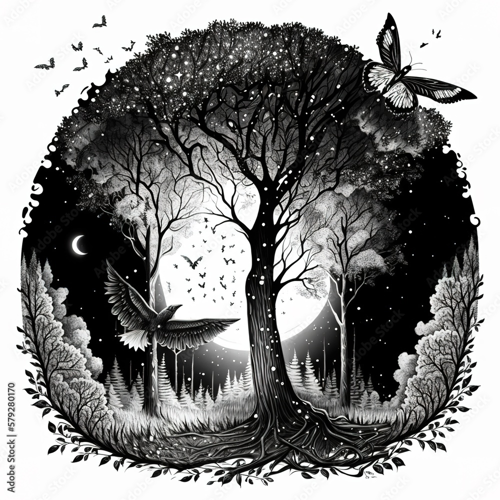 Le calme et la sérénité de la nature en noir et blanc ilustração do ...