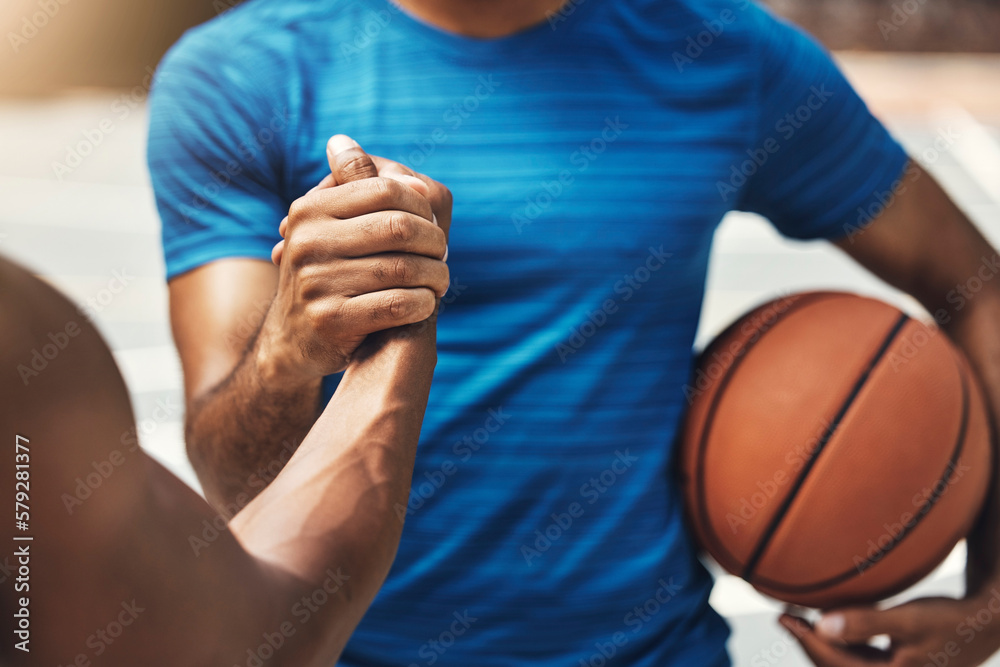 Basketball players, handshake and greeting with ball to celebrate for ...