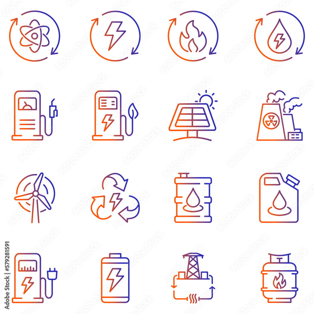 Set of vector icons related to types of energy. Vector illustrations ...