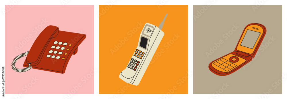 Three retro phones different generation. Push - button devices and ...