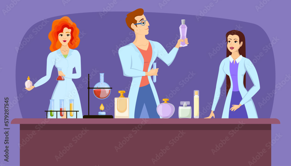 Perfumers creating new perfume fragrance vector illustration. Male and ...