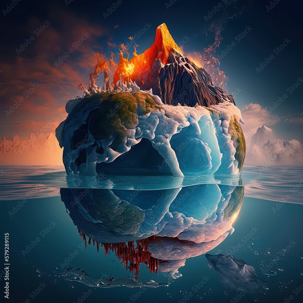 Conceptual image of planet earth burning and frozen due to climate ...