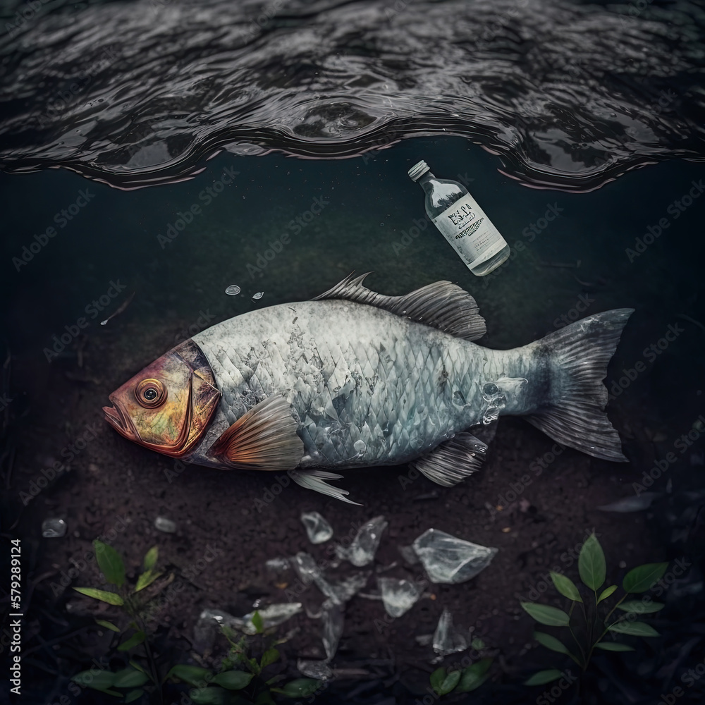 Dead fish with plastic trash in the ocean. Pollution in the seas and ...