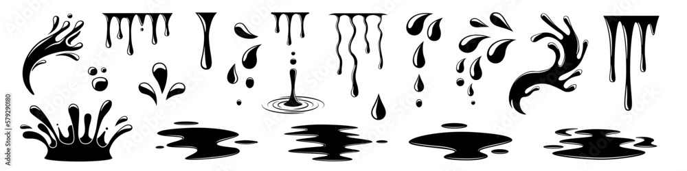 Liquid drops and splash set. Silhouette liquid elements set. Stock ...