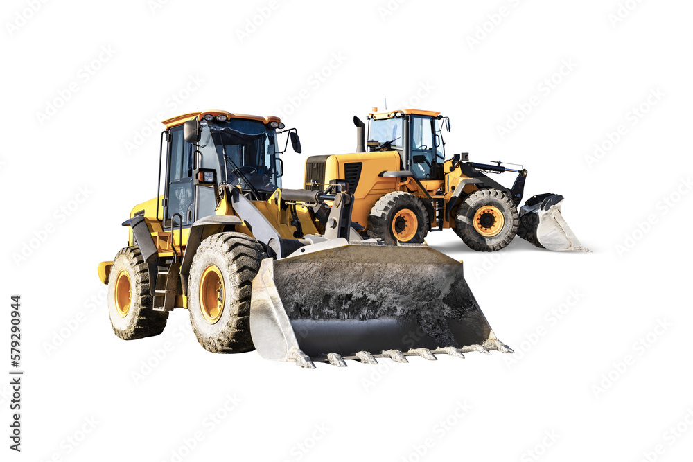 Two heavy front loaders or bulldozers on a white isolated background ...
