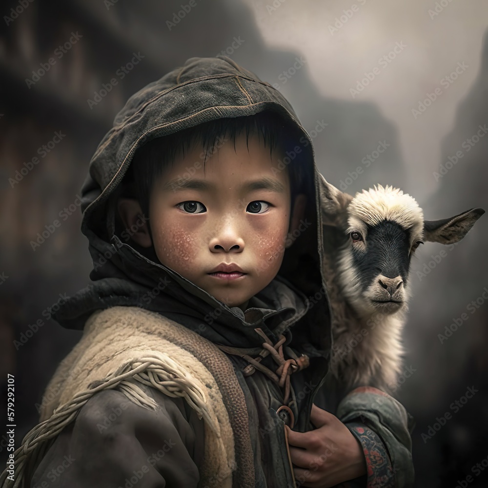 Poor Asian shepherd boy, in traditional dress with a lamb in his arms ...