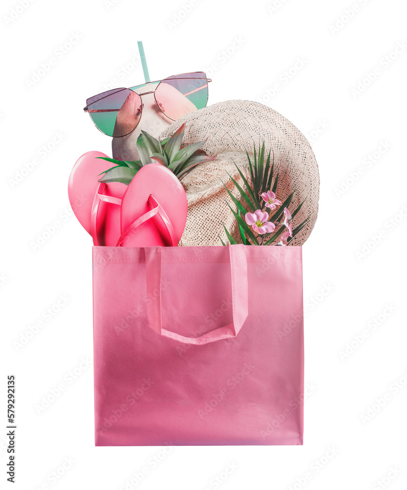 Pink beach bag with flip flops, straw hat, sunglasses and flowers ...