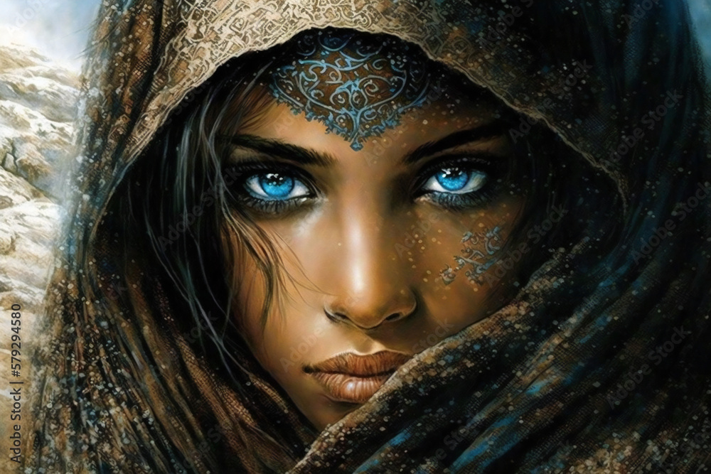 Beautiful Arab or oriental girl with head covered, blue eyes and a ...