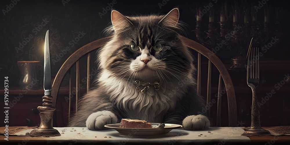 Cat sitting at dining table with fork and knife looking like about to ...
