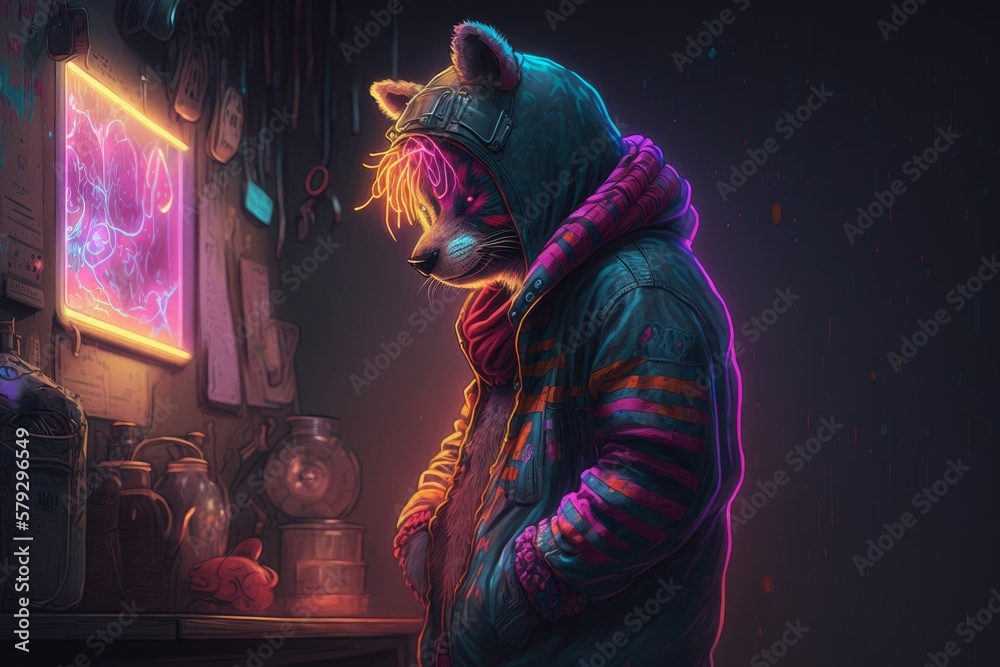Generative AI of an Pooh in a cyberpunk with neon lights. Generative AI ...