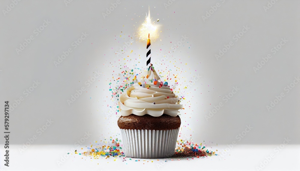Photo Art Print Cupcake with birthday candle sparklers confetti white background Areerat