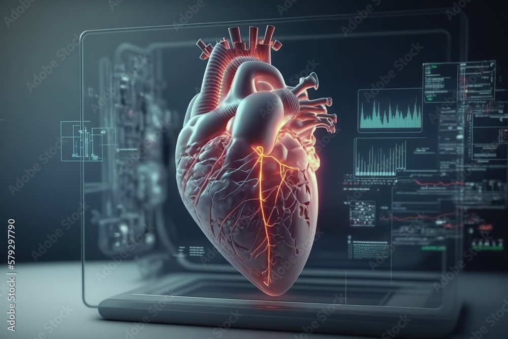 Digital screen with the projection of a human heart hologram ...