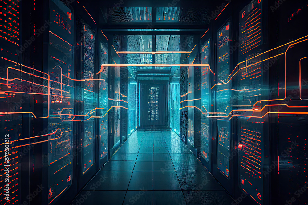 Corridor in Working Data Center Full of Rack Servers and Supercomputers ...