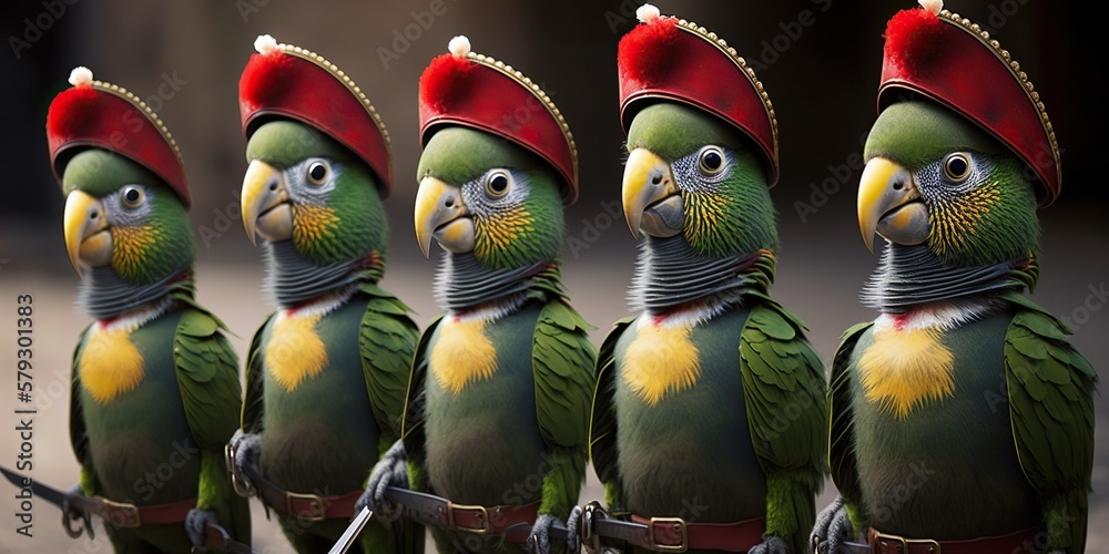 Group of parrots dressed up in uniforms looking like in middle of a ...