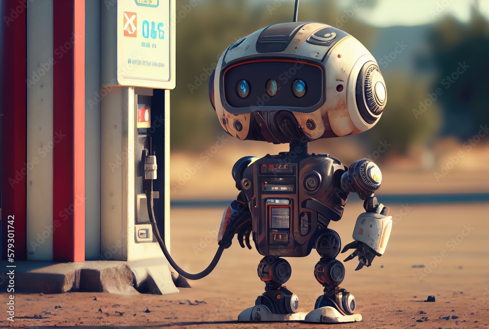 Cute gas station attendant service robot waiting customer for filling ...