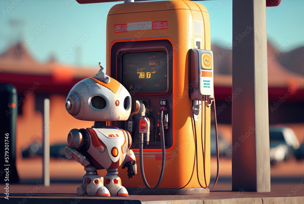 Cute gas station attendant service robot waiting customer for filling ...