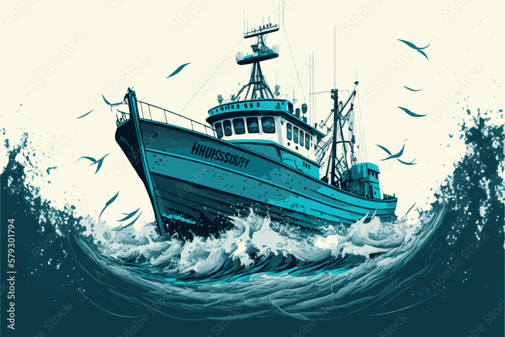 Vetor de Fishing boat. Vector art illustration of boat on water. Ship ...