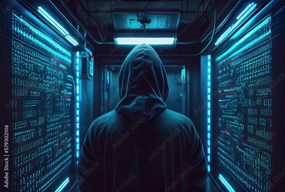 Hacker in the black hood in the server room. Unrecognizable people ...