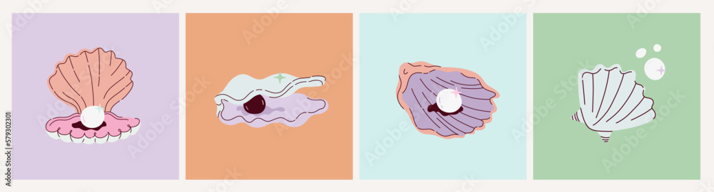 Various seashells and pears in pastel colors. Open and closed shiny ...