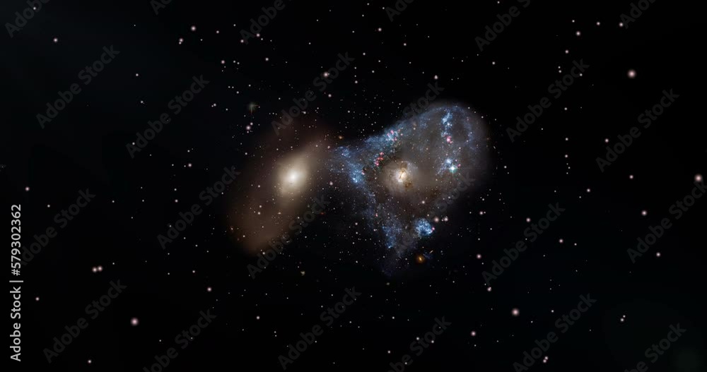 A wide view of a spectacular head-on collision between two galaxies ...