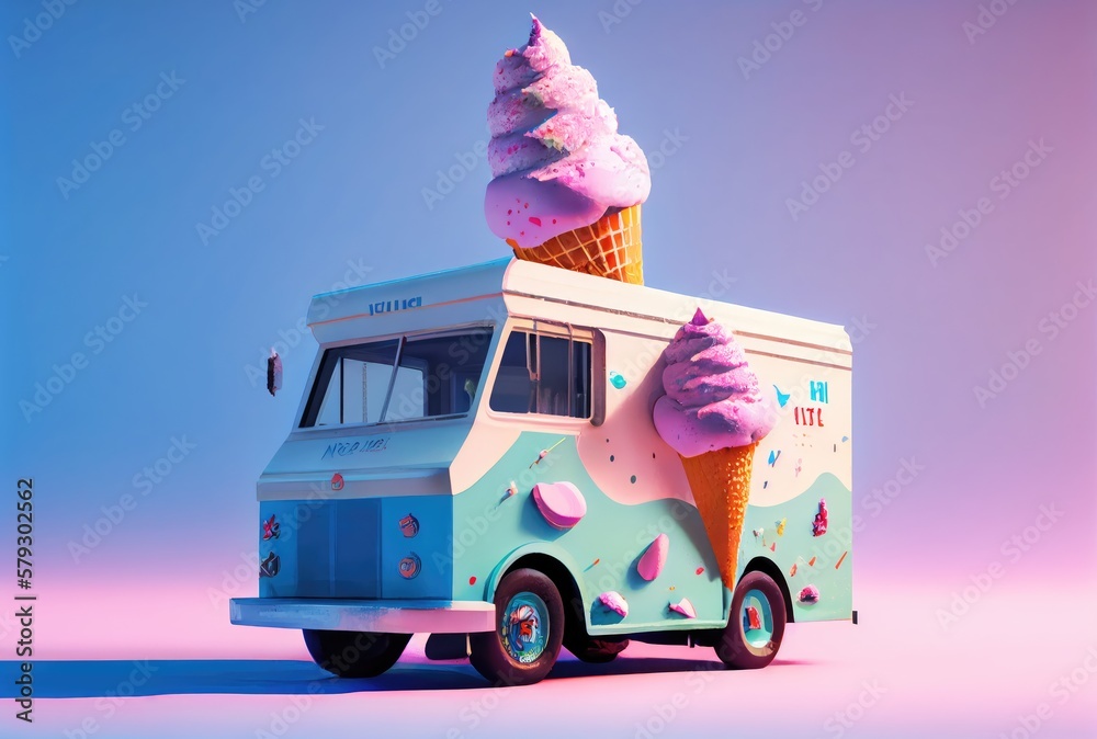 Ice cream truck vehicle on minimal studio background. Summer food and ...