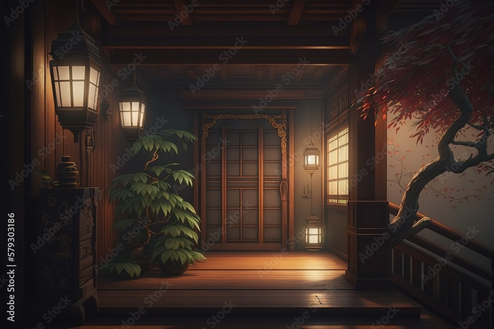 The night interior of a Japanese room, a Japanese house made of wood ...