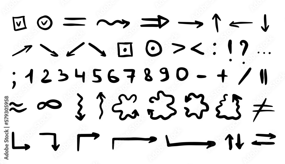 Sketch underline, numbers, symbols, arrow shape set. Hand drawn check ...