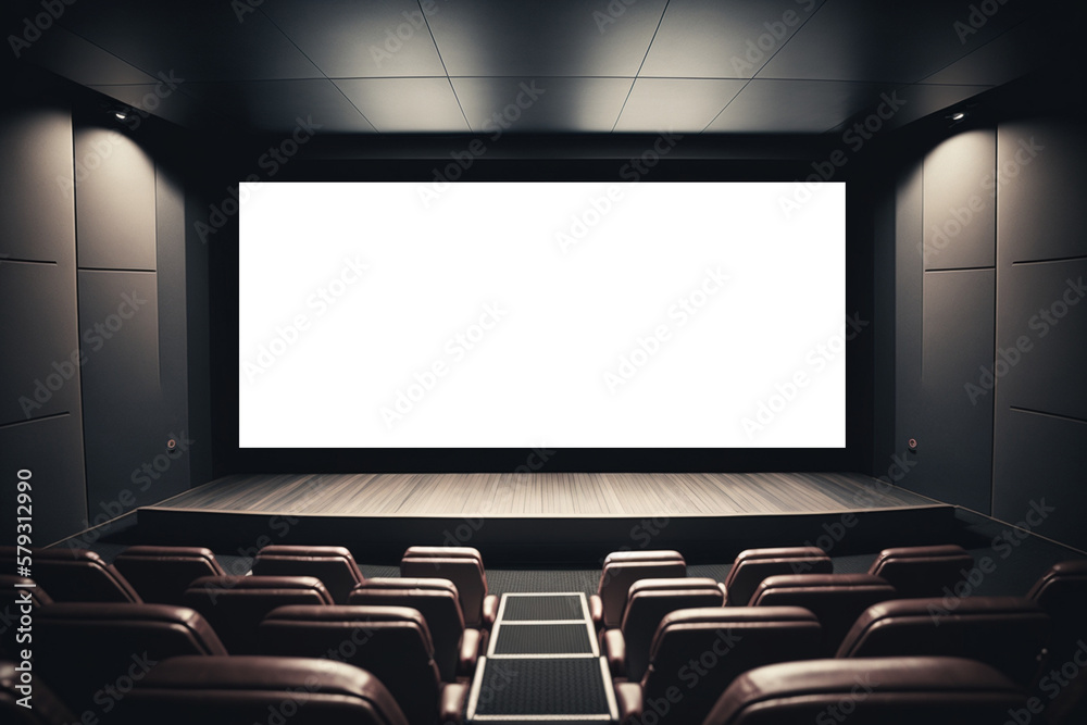 Cinema with white blank screen. Cinema hall with auditorium. Template ...