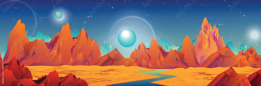 alien planet landscape. Space game background with orange ground ...