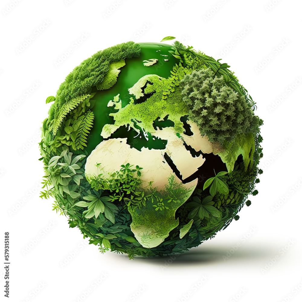 Green earth day on isolated white background. Care for the environment ...
