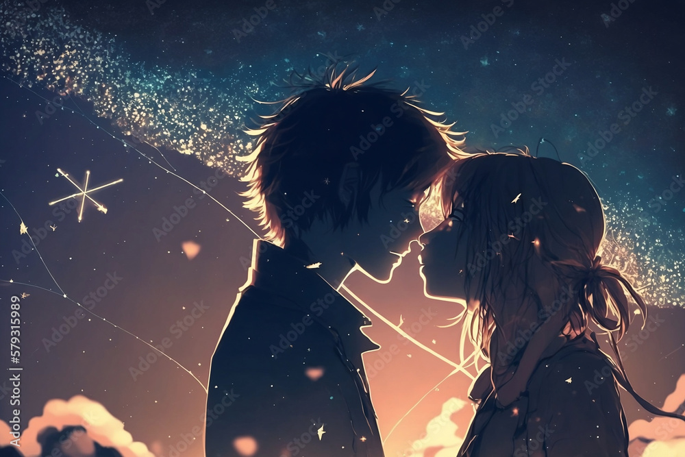 Magical Moment: Romantic Anime Couple Sharing a Passionate Kiss Under ...