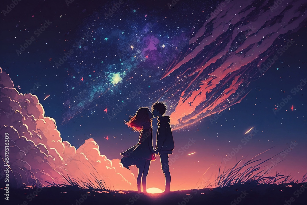 Starry Night Romance: Anime Couple Sharing a Kiss Under the Open Sky ...