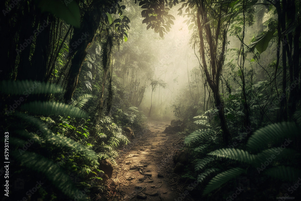Path Trail on a luxuriant tropical Jungle forest with beautiful morning ...
