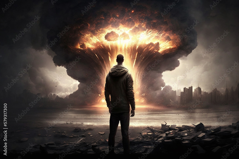 Man witnessing a giant atomic explosion. End of the world concept with ...