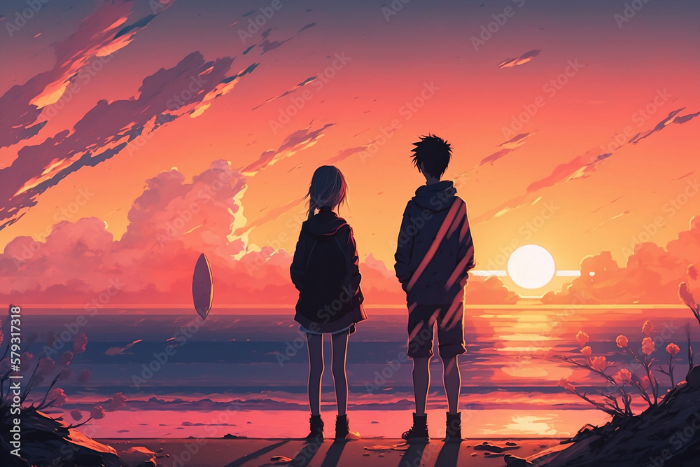 Romance: Anime Couple Watching Sunset, Anime Digital Art illustration ...