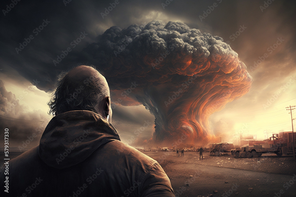 Man witnessing a giant atomic explosion. End of the world concept with ...