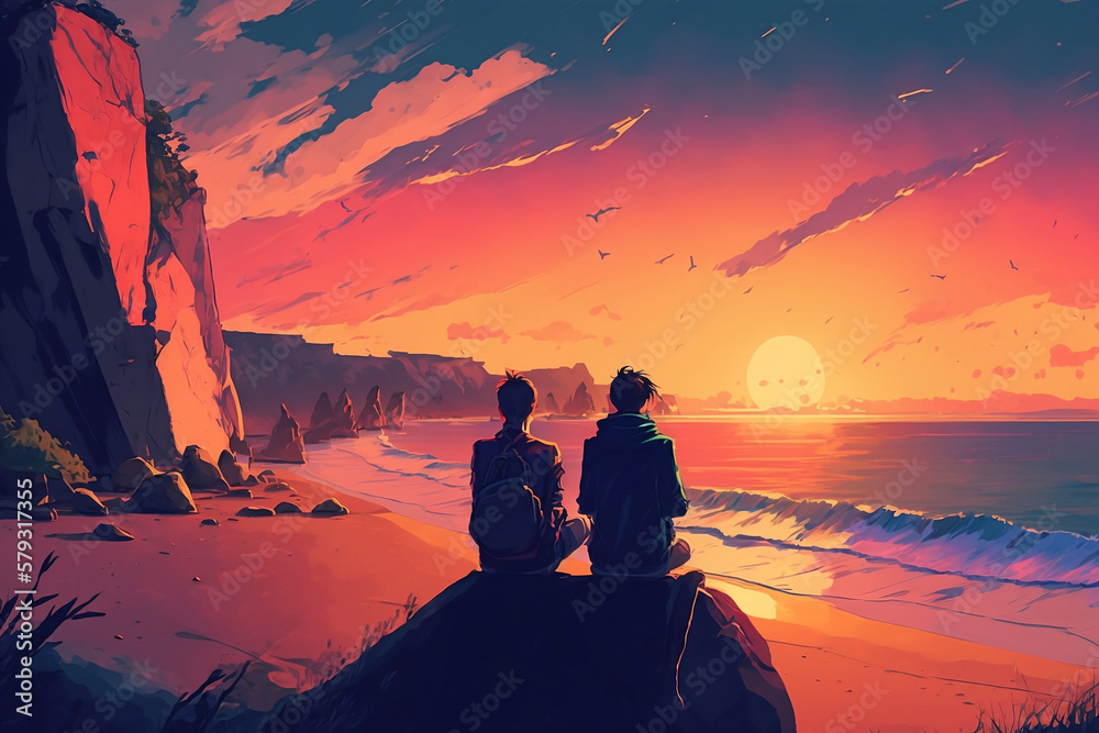 Romance: Anime Couple Watching Sunset, Anime Digital Art illustration ...