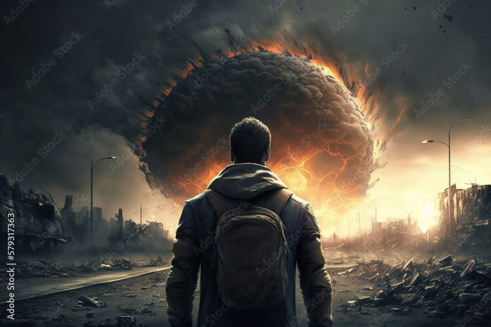 Man witnessing a giant atomic explosion. End of the world concept with ...