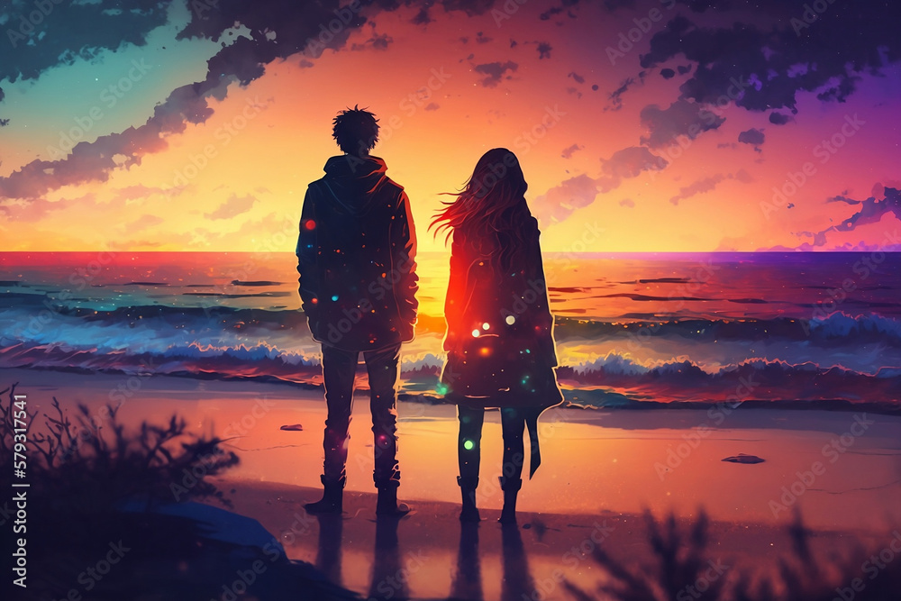 Romantic Anime Couple Watching the Sunset at the Beach, Anime Digital ...