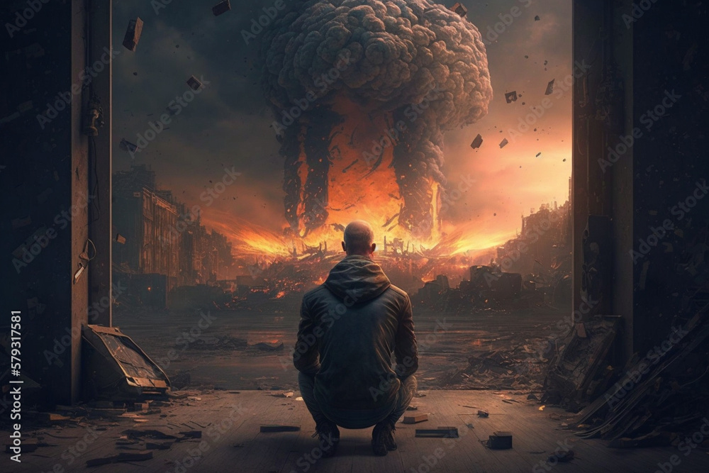Man witnessing a giant atomic explosion. End of the world concept with ...