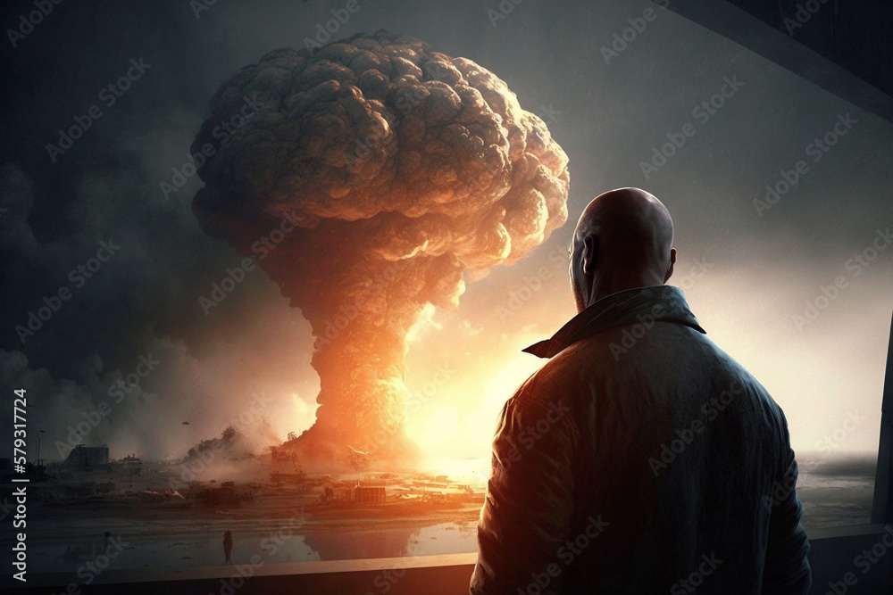 Man witnessing a giant atomic explosion. End of the world concept with ...