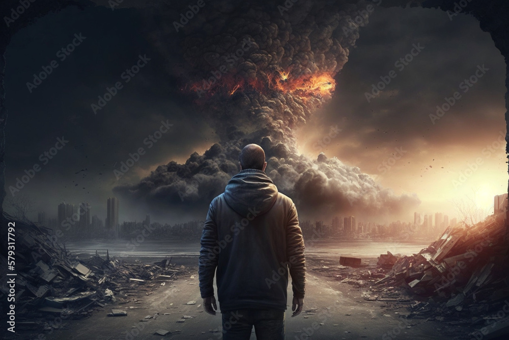 Man witnessing a giant atomic explosion. End of the world concept with ...