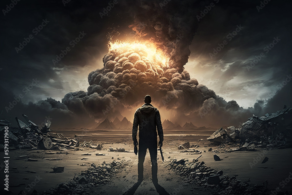 Man witnessing a giant atomic explosion. End of the world concept with ...