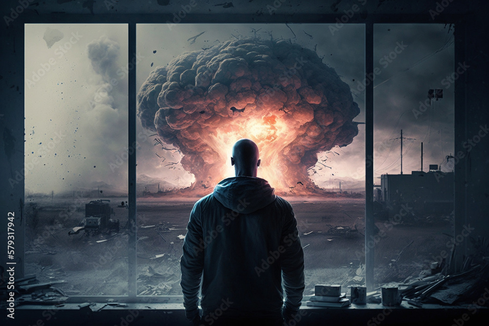 Man witnessing a giant atomic explosion. End of the world concept with ...