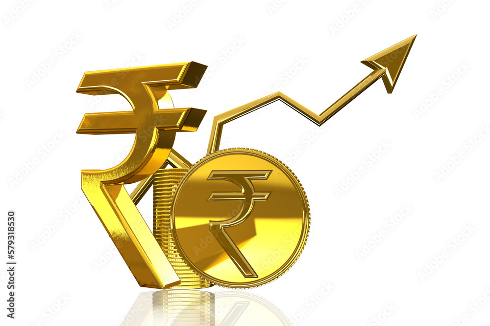 Golden Indian rupee sign and Indian currency coin isolated on 3d render ...