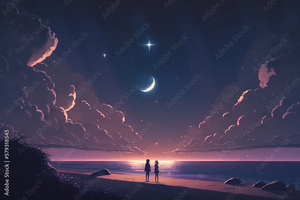 Romantic Anime Beach Night Sky with Starry Moon Background. Generative ...