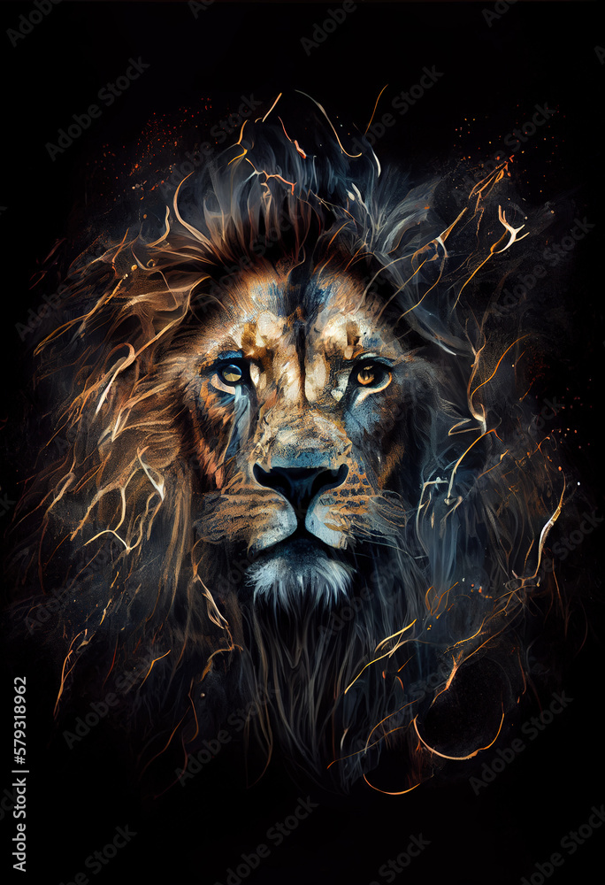 Hot burning lion head poster. AI render. Stock Illustration | Adobe Stock